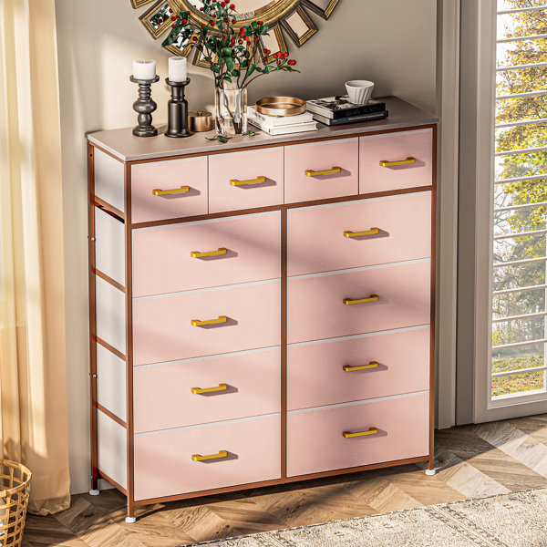 Ebern Designs Commode de chambre avec 12 tiroirs Obara, grande commode rose avec plateau en bois ...